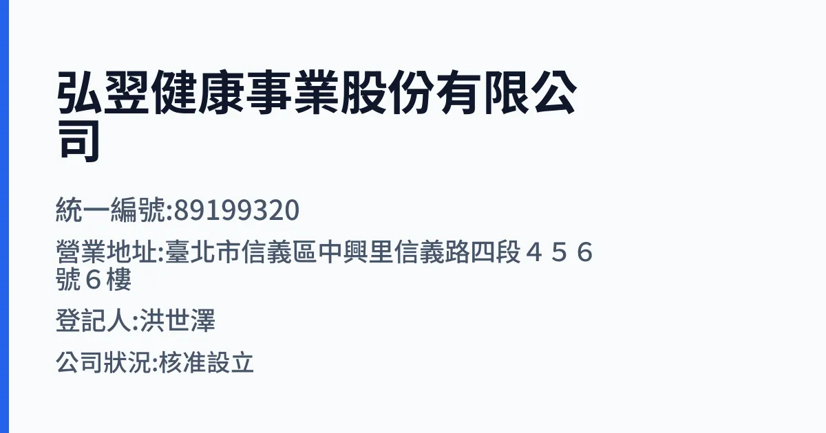 弘翌健康事業股份有限公司 - 統編 89199320(臺北市) 公司登記資料與營業項目詳細圖表