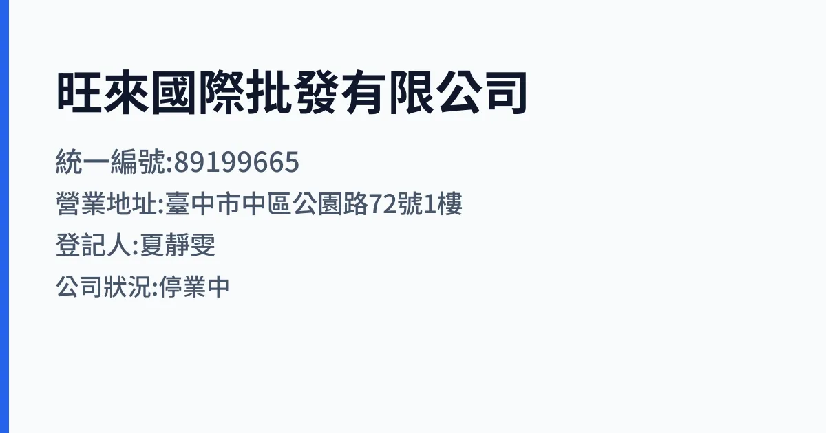 旺來國際批發有限公司 - 統編 89199665(臺中市) 公司登記資料與營業項目詳細圖表