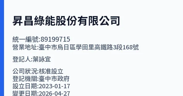 昇昌綠能股份有限公司的照片-統編 89199715(臺中市) 公司登記資料與營業項目詳細圖表