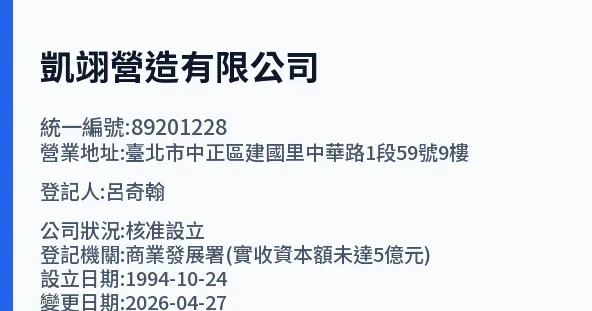 凱翊營造有限公司的照片-統編 89201228(臺北市) 公司登記資料與營業項目詳細圖表