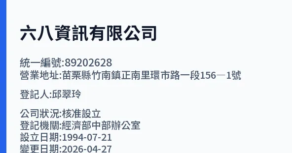 六八資訊有限公司的照片-統編 89202628(苗栗縣) 公司登記資料與營業項目詳細圖表