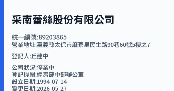 采南蕾絲股份有限公司的照片-統編 89203865(嘉義縣) 公司登記資料與營業項目詳細圖表