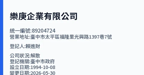 樂庚企業有限公司的照片-統編 89204724(臺中市) 公司登記資料與營業項目詳細圖表