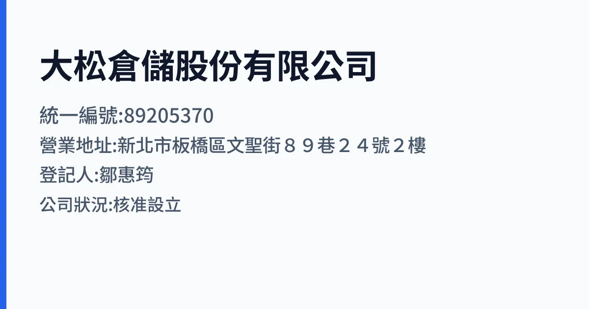 大松倉儲股份有限公司 - 統編 89205370(新北市) 公司登記資料與營業項目詳細圖表
