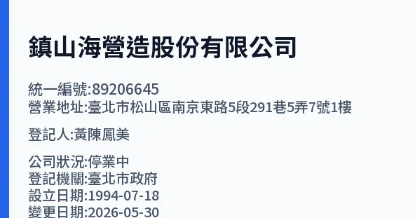 鎮山海營造股份有限公司的照片-統編 89206645(臺北市) 公司登記資料與營業項目詳細圖表