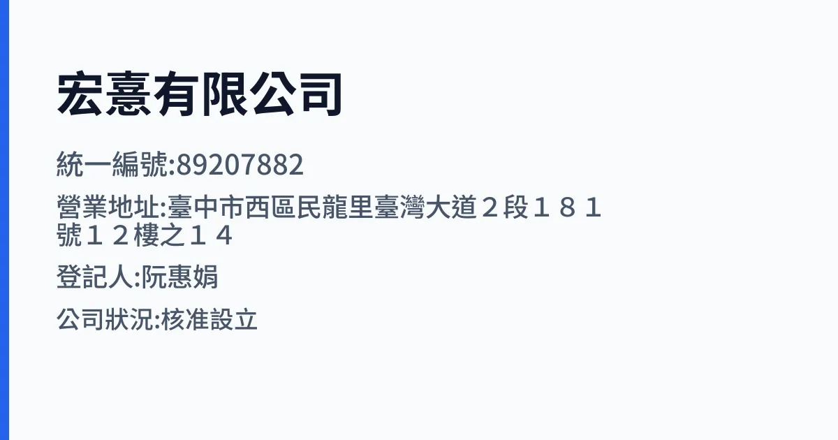 宏憙有限公司 - 統編 89207882(臺中市) 公司登記資料與營業項目詳細圖表