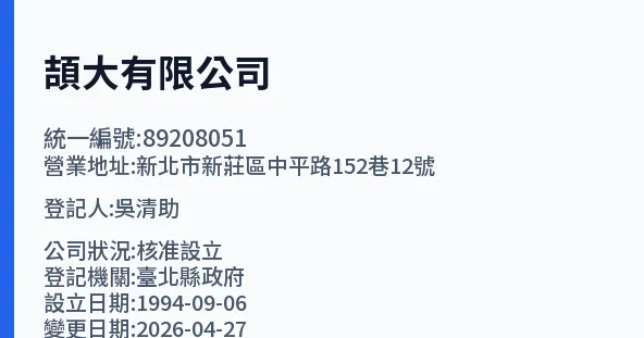 頡大有限公司的照片-統編 89208051(新北市) 公司登記資料與營業項目詳細圖表