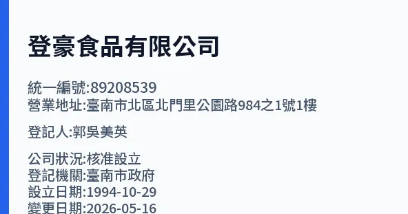 登豪食品有限公司的照片-統編 89208539(臺南市) 公司登記資料與營業項目詳細圖表