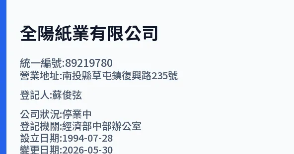 全陽紙業有限公司的照片-統編 89219780(南投縣) 公司登記資料與營業項目詳細圖表