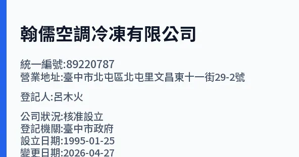 翰儒空調冷凍有限公司的照片-統編 89220787(臺中市) 公司登記資料與營業項目詳細圖表