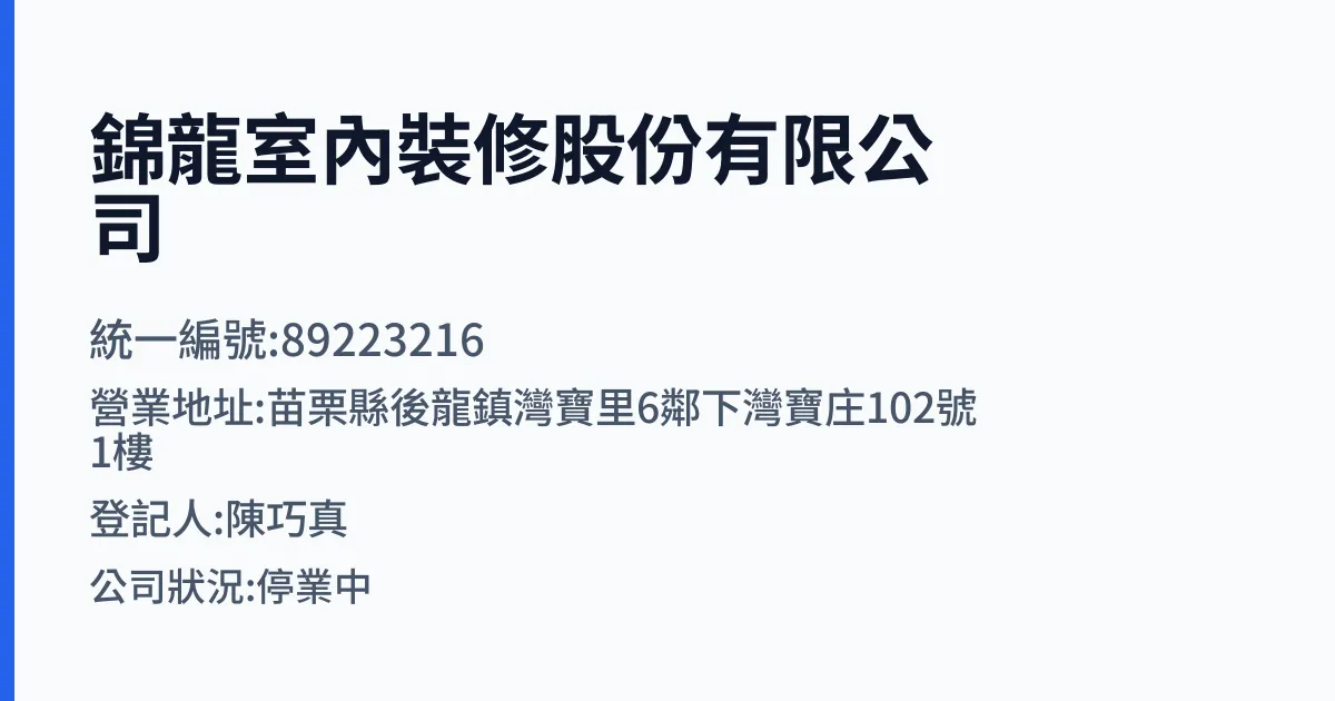 錦龍室內裝修股份有限公司 - 統編 89223216(苗栗縣) 公司登記資料與營業項目詳細圖表