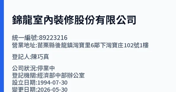 錦龍室內裝修股份有限公司的照片-統編 89223216(苗栗縣) 公司登記資料與營業項目詳細圖表