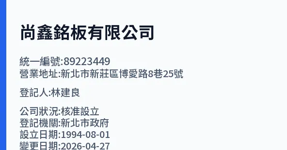 尚鑫銘板有限公司的照片-統編 89223449(新北市) 公司登記資料與營業項目詳細圖表