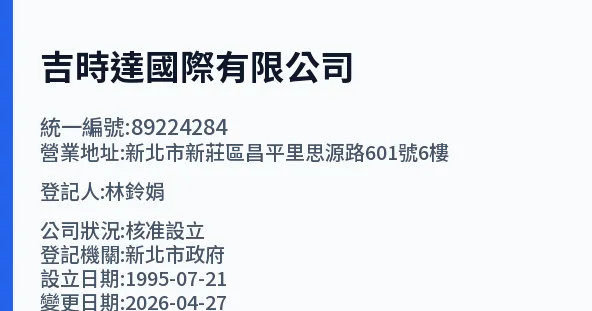 吉時達國際有限公司的照片-統編 89224284(新北市) 公司登記資料與營業項目詳細圖表