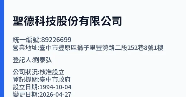 聖德科技股份有限公司的照片-統編 89226699(臺中市) 公司登記資料與營業項目詳細圖表
