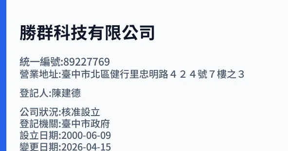 勝群科技有限公司的照片-統編 89227769(臺中市) 公司登記資料與營業項目詳細圖表