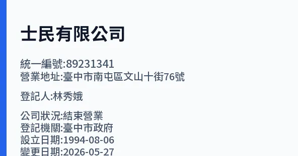 士民有限公司的照片-統編 89231341(臺中市) 公司登記資料與營業項目詳細圖表