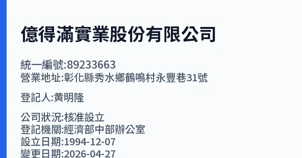 億得滿實業股份有限公司的照片-統編 89233663(彰化縣) 公司登記資料與營業項目詳細圖表