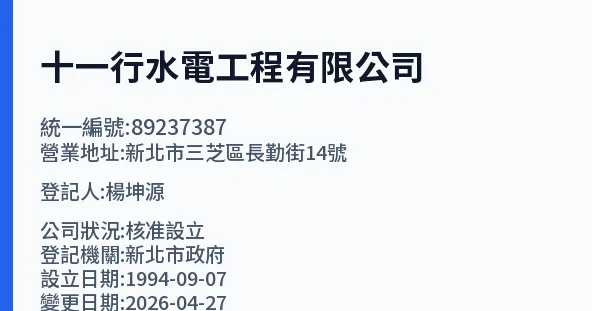 十一行水電工程有限公司的照片-統編 89237387(新北市) 公司登記資料與營業項目詳細圖表