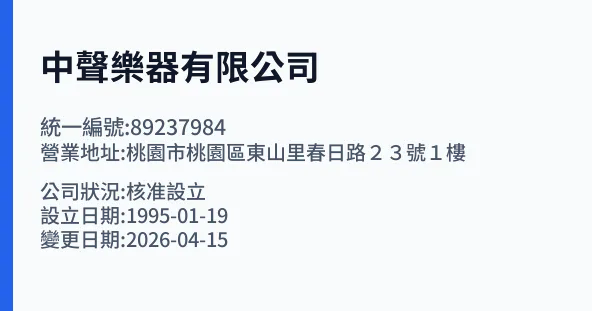 中聲樂器有限公司的照片-統編 89237984(桃園市) 公司登記資料與營業項目詳細圖表