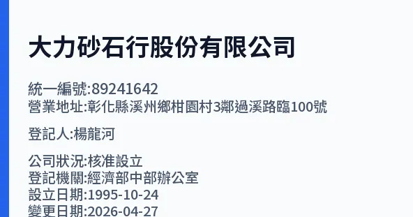 大力砂石行股份有限公司的照片-統編 89241642(彰化縣) 公司登記資料與營業項目詳細圖表