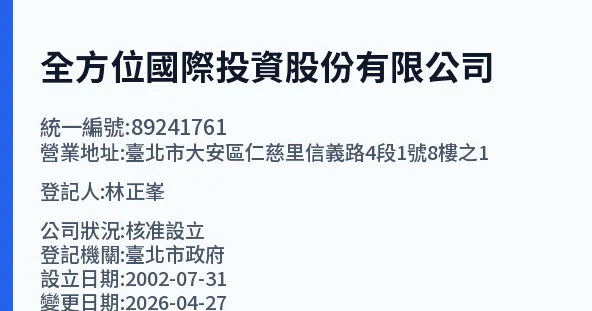 全方位國際投資股份有限公司的照片-統編 89241761(臺北市) 公司登記資料與營業項目詳細圖表