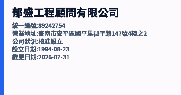 郁盛工程顧問有限公司的照片-統編 89242754 公司登記資料與營業項目詳細圖表