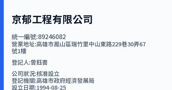 京郁工程有限公司的照片-統編 89246082(高雄市) 公司登記資料與營業項目詳細圖表