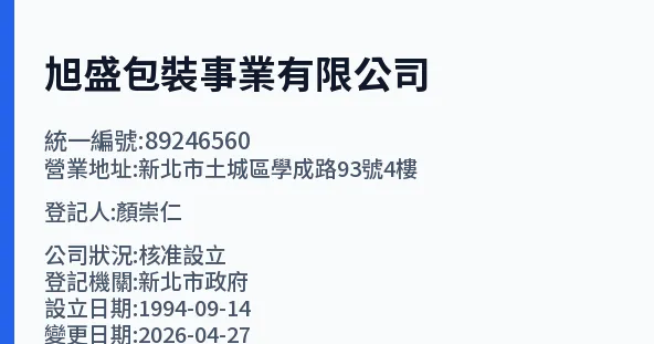 旭盛包裝事業有限公司的照片-統編 89246560(新北市) 公司登記資料與營業項目詳細圖表