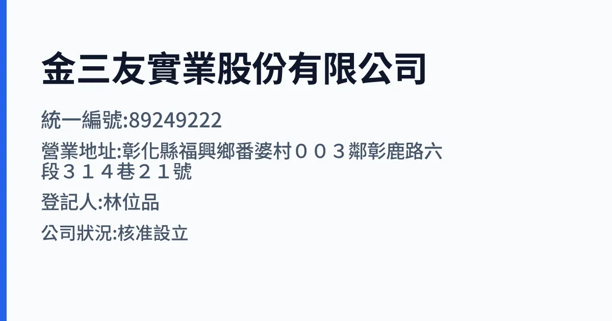 金三友實業股份有限公司 - 統編 89249222(彰化縣) 公司登記資料與營業項目詳細圖表