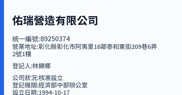 佑瑞營造有限公司的照片-統編 89250374(彰化縣) 公司登記資料與營業項目詳細圖表