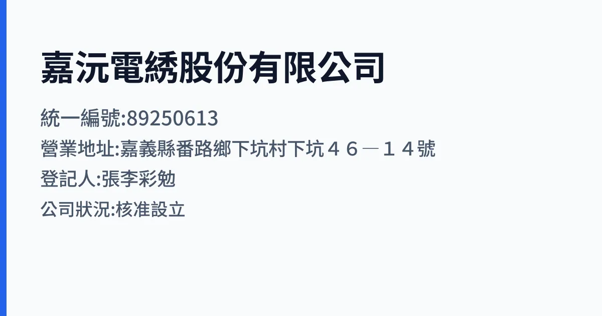 嘉沅電綉股份有限公司 - 統編 89250613(嘉義縣) 公司登記資料與營業項目詳細圖表
