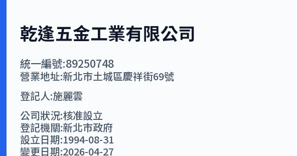 乾逢五金工業有限公司的照片-統編 89250748(新北市) 公司登記資料與營業項目詳細圖表