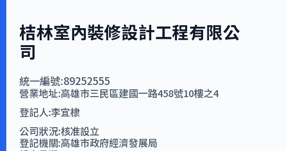 桔林室內裝修設計工程有限公司的照片-統編 89252555(高雄市) 公司登記資料與營業項目詳細圖表