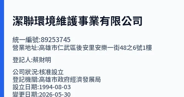 潔聯環境維護事業有限公司的照片-統編 89253745(高雄市) 公司登記資料與營業項目詳細圖表