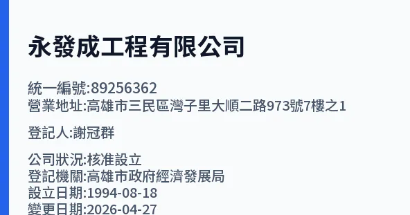 永發成工程有限公司的照片-統編 89256362(高雄市) 公司登記資料與營業項目詳細圖表