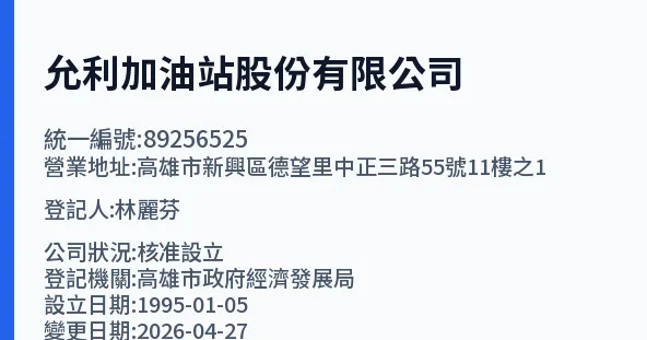 允利加油站股份有限公司的照片-統編 89256525(高雄市) 公司登記資料與營業項目詳細圖表