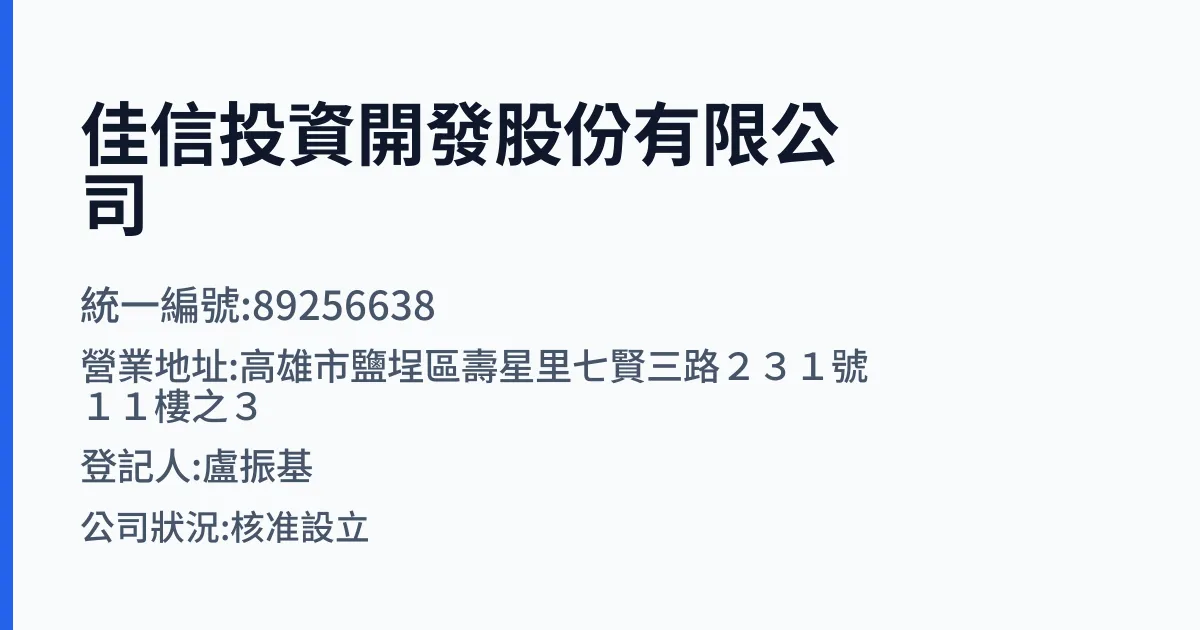 佳信投資開發股份有限公司 - 統編 89256638(高雄市) 公司登記資料與營業項目詳細圖表