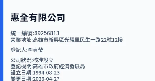 惠全有限公司的照片-統編 89256813(高雄市) 公司登記資料與營業項目詳細圖表
