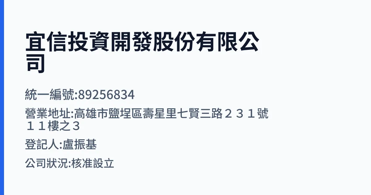 宜信投資開發股份有限公司 - 統編 89256834(高雄市) 公司登記資料與營業項目詳細圖表