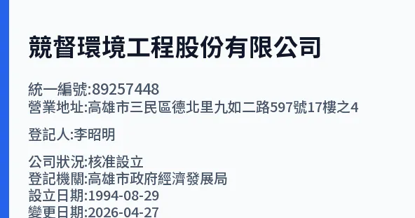 競督環境工程股份有限公司的照片-統編 89257448(高雄市) 公司登記資料與營業項目詳細圖表