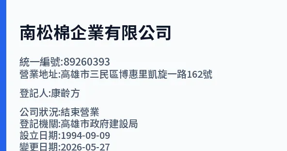 南松棉企業有限公司的照片-統編 89260393(高雄市) 公司登記資料與營業項目詳細圖表