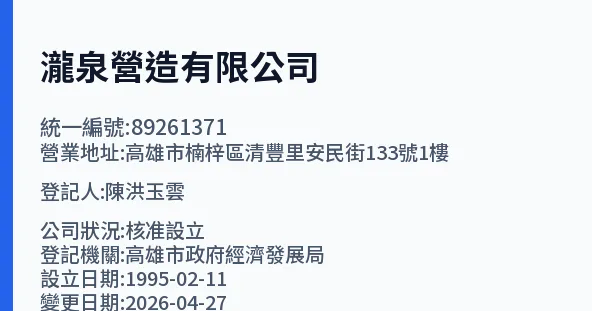 瀧泉營造有限公司的照片-統編 89261371(高雄市) 公司登記資料與營業項目詳細圖表