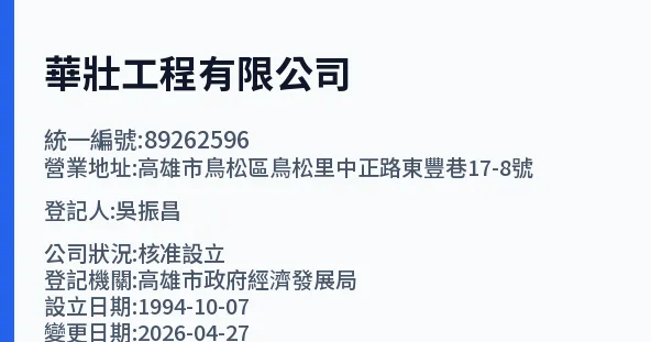 華壯工程有限公司的照片-統編 89262596(高雄市) 公司登記資料與營業項目詳細圖表