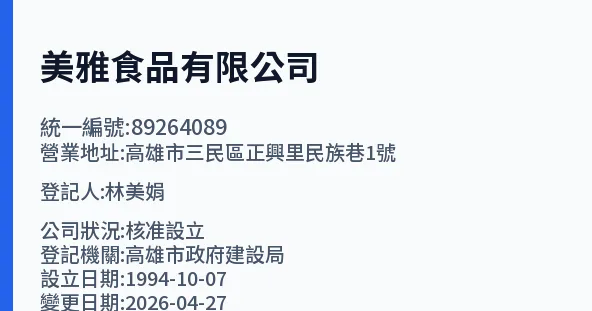 美雅食品有限公司的照片-統編 89264089(高雄市) 公司登記資料與營業項目詳細圖表