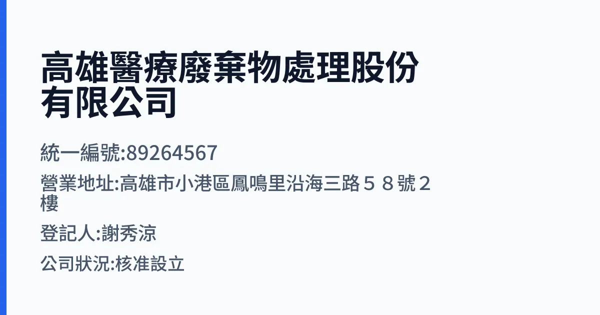高雄醫療廢棄物處理股份有限公司 - 統編 89264567(高雄市) 公司登記資料與營業項目詳細圖表