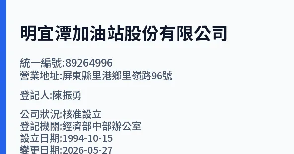 明宜潭加油站股份有限公司的照片-統編 89264996(屏東縣) 公司登記資料與營業項目詳細圖表
