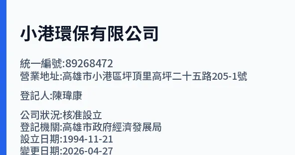 小港環保有限公司的照片-統編 89268472(高雄市) 公司登記資料與營業項目詳細圖表