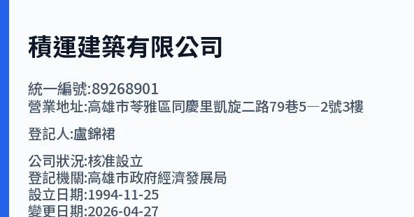 積運建築有限公司的照片-統編 89268901(高雄市) 公司登記資料與營業項目詳細圖表
