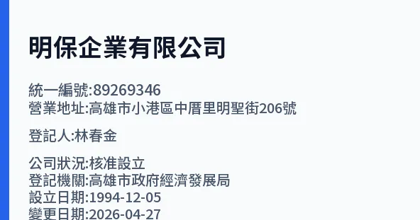 明保企業有限公司的照片-統編 89269346(高雄市) 公司登記資料與營業項目詳細圖表